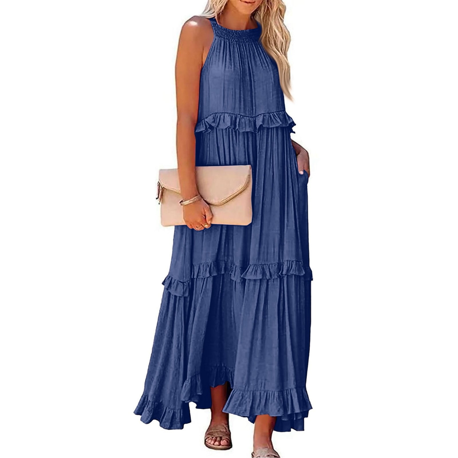 GXIPO Long Sundresses for Women 2025 Halter Neck Smocked Tiered Ruffle ...
