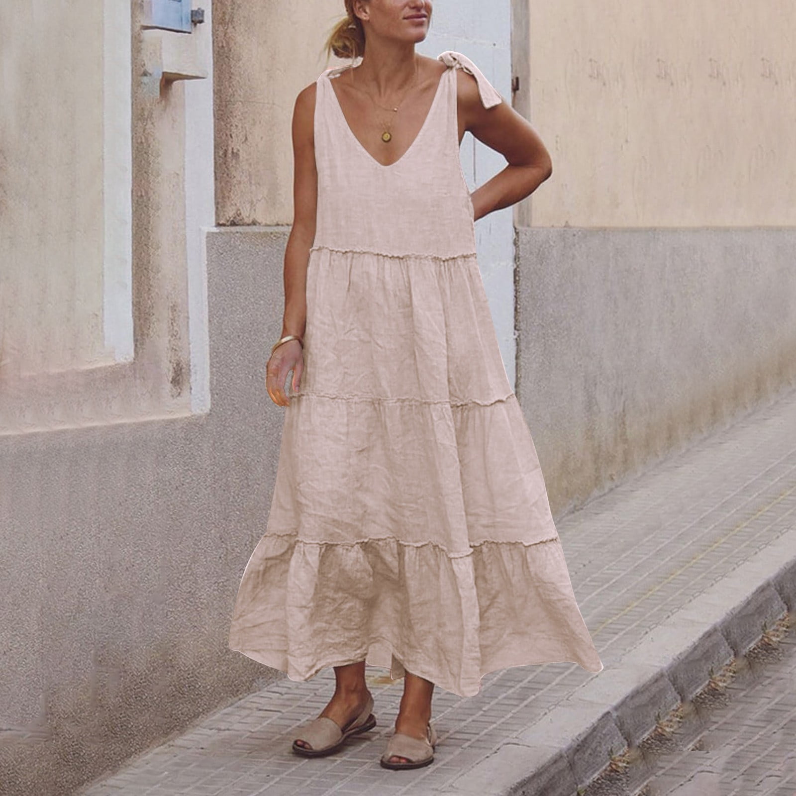 GXIPO Summer Linen Dress for Women Sleeveless V-Neck Tiered Maxi ...