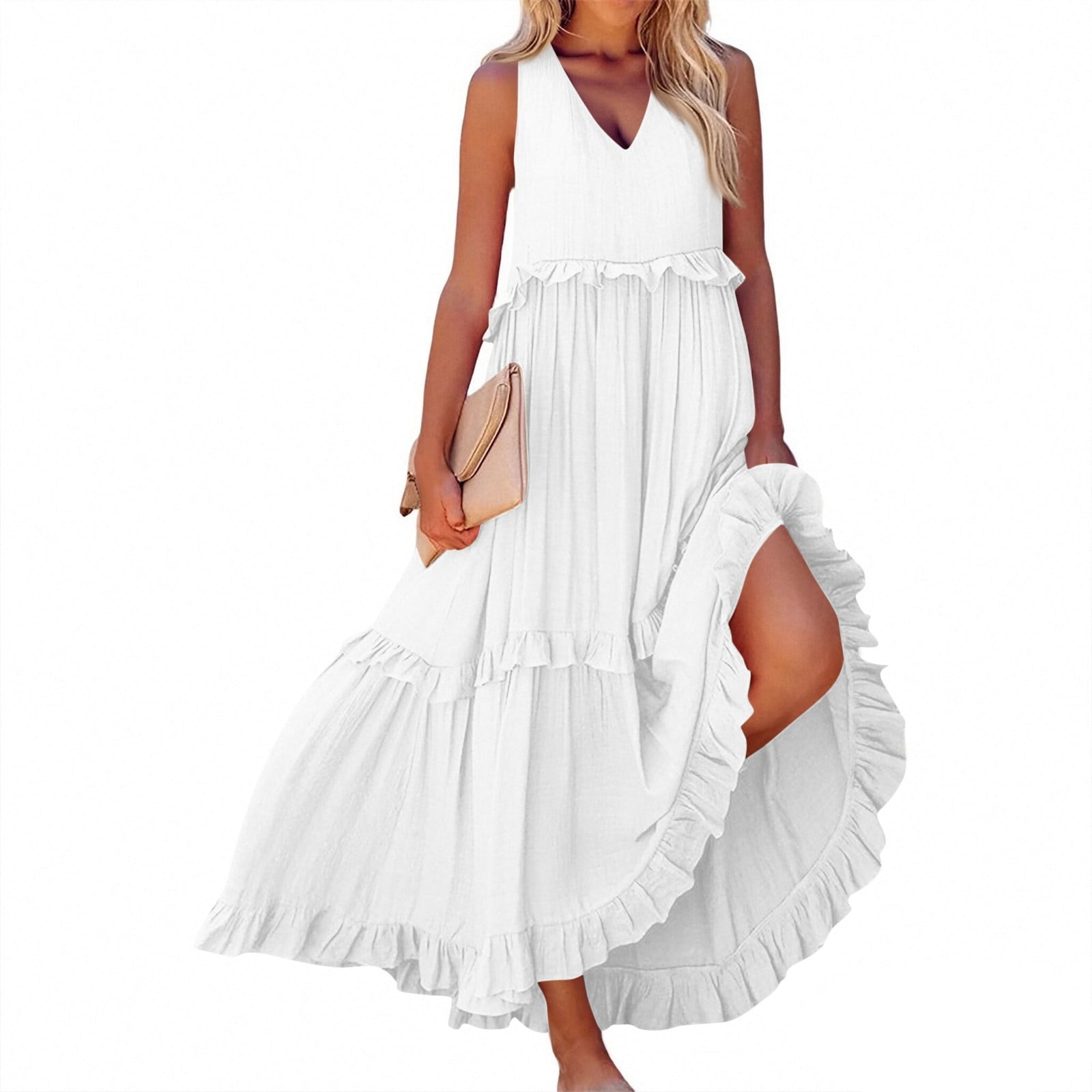 GXIPO Sun Dresses for Women 2025 Vacation V Neck Ruffle Tiered Flowy Maxi Dresses Beach Wedding ...