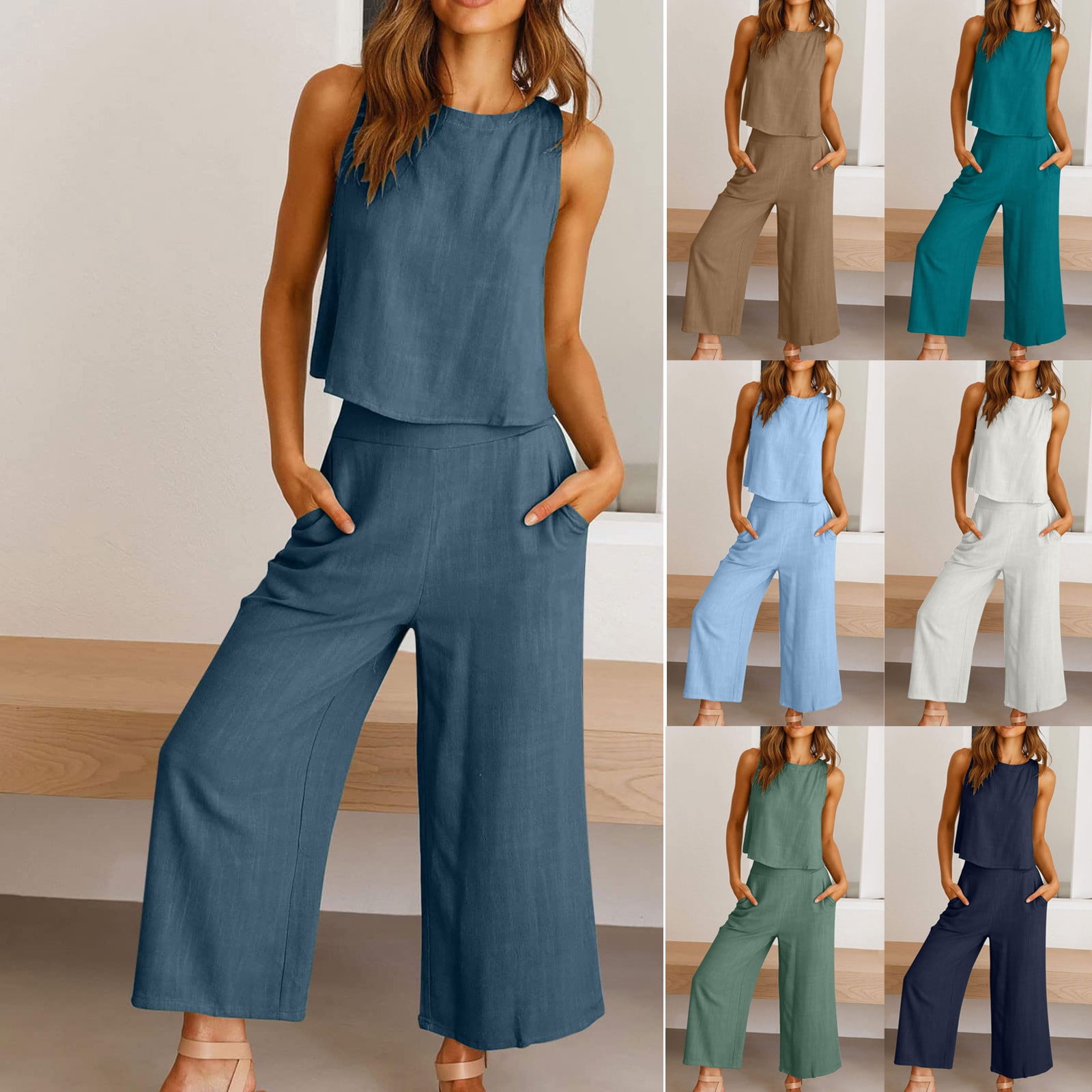GXIPO Women's 2 Piece Outfits Linen Pants Jumpsuit Matching Lounge Set ...