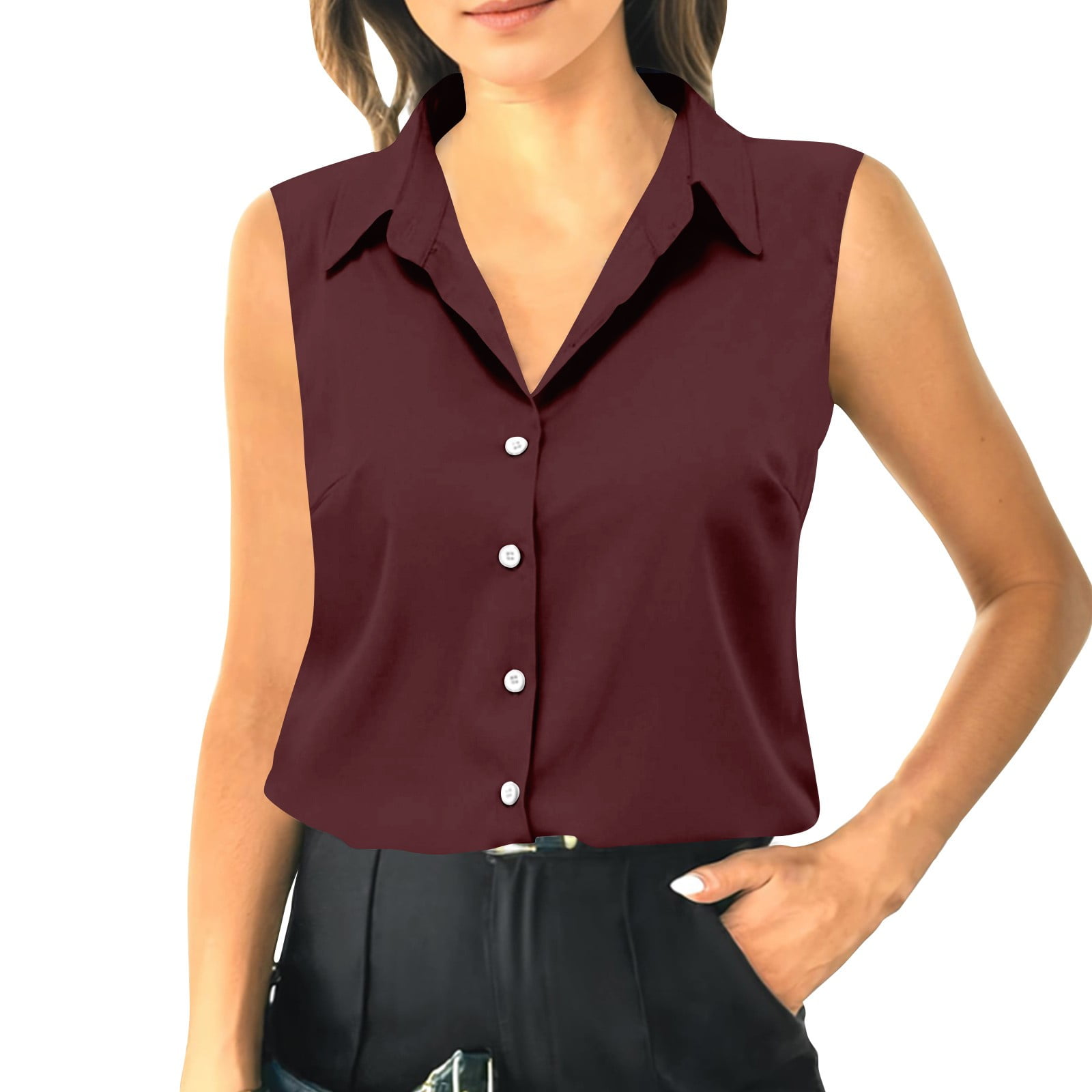 GXIPO Women's Casual Collar V Neck Button Down Sleeveless Tunic Blouse ...