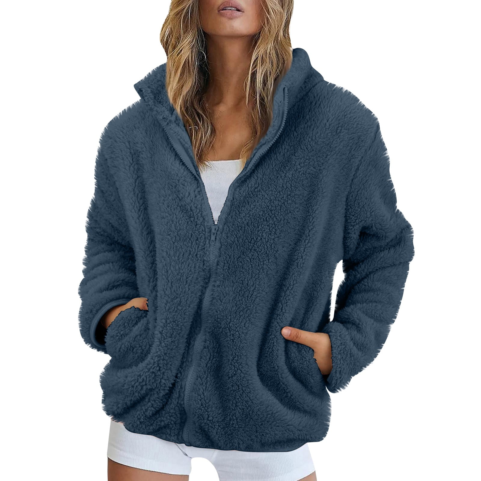 GXIPO Women Sherpa Jacket Full Zip Fuzzy Teddy Coat with Pockets Fleece ...