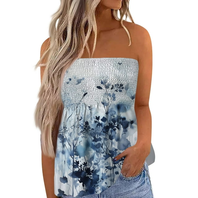 Gxipo Womens Plus Size Tube Tops Strapless Blouse Pleated Sleeveless Stretchy Sleeveless Flare