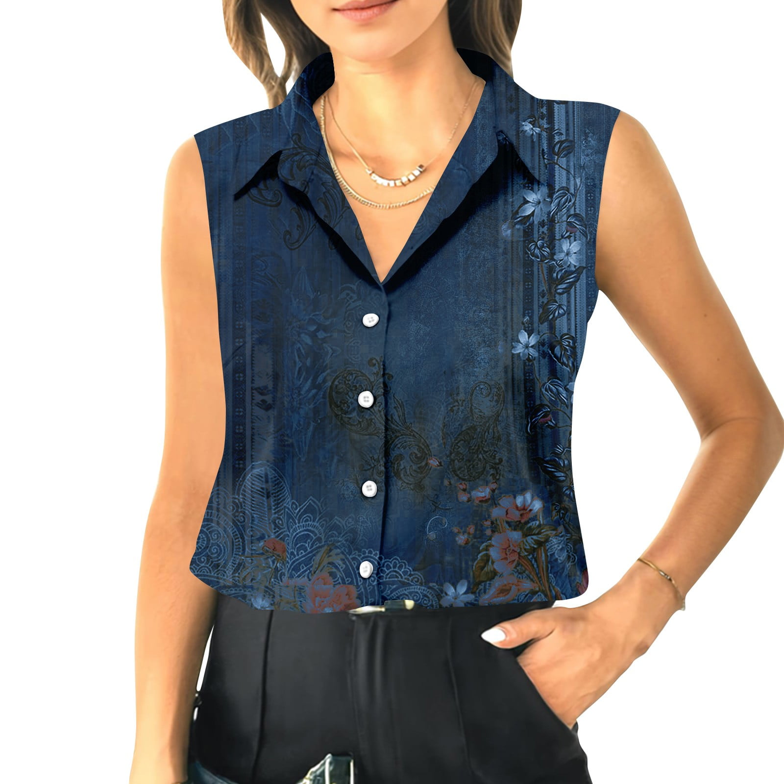 GXIPO Women's Sleeveless Blouses Stripe Button Down Shirts Collared ...