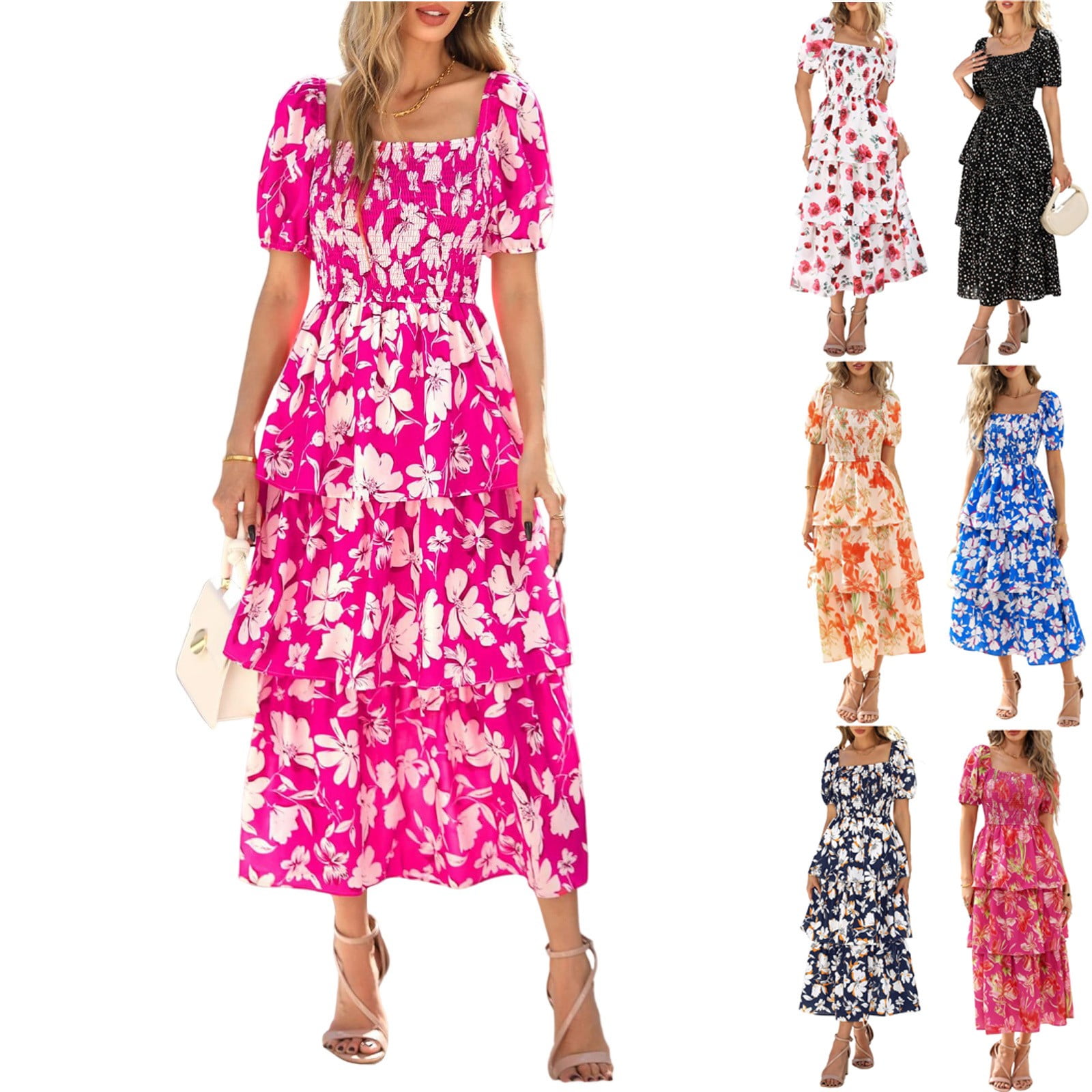 GXIPO Women's Square Neck Puff Sleeve Smocked Empire Waist Ruffle Tiered Floral Chiffon Maxi ...