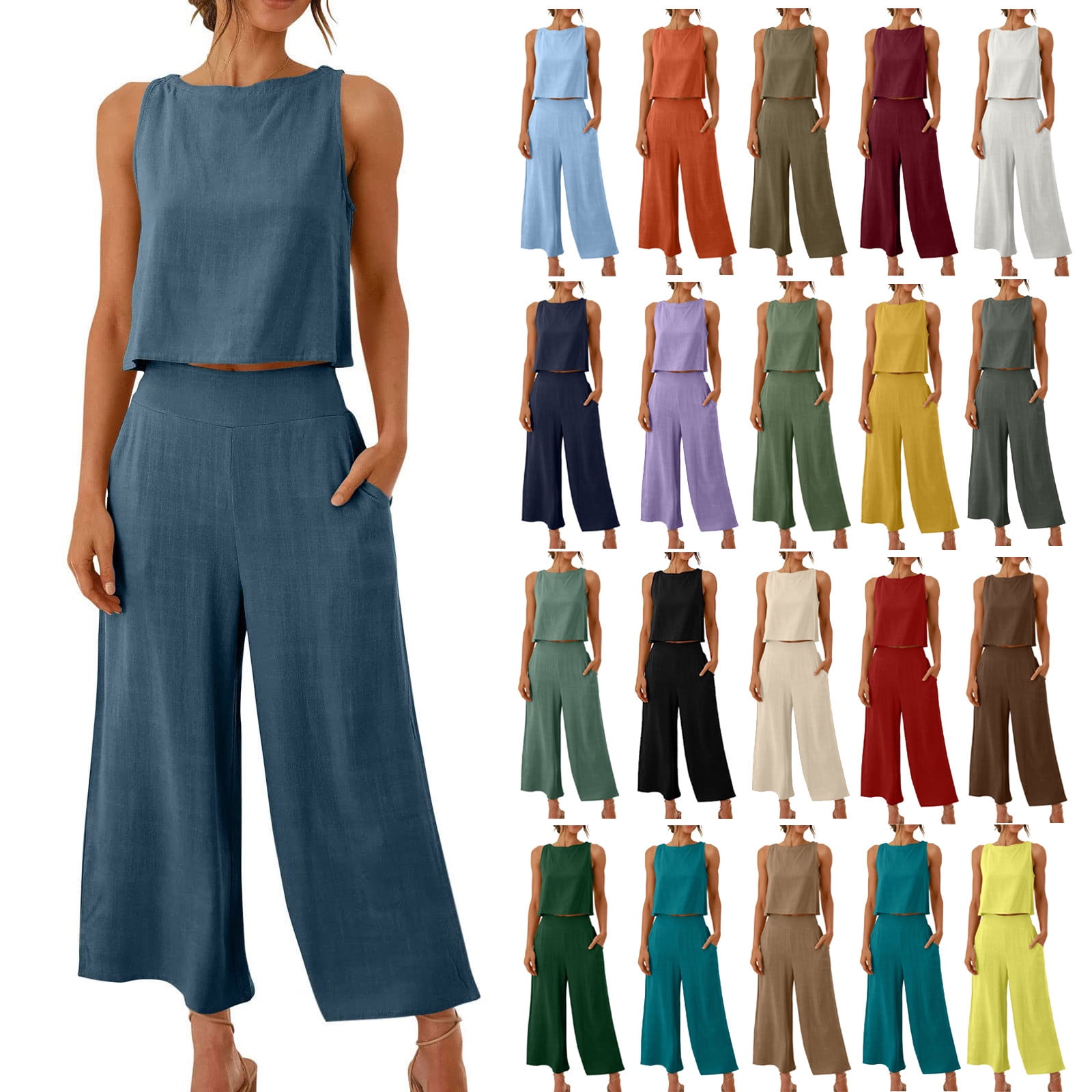 GXIPO Women's Summer 2 Piece Outfits Sleeveless Crop Top Capri Wide Leg ...