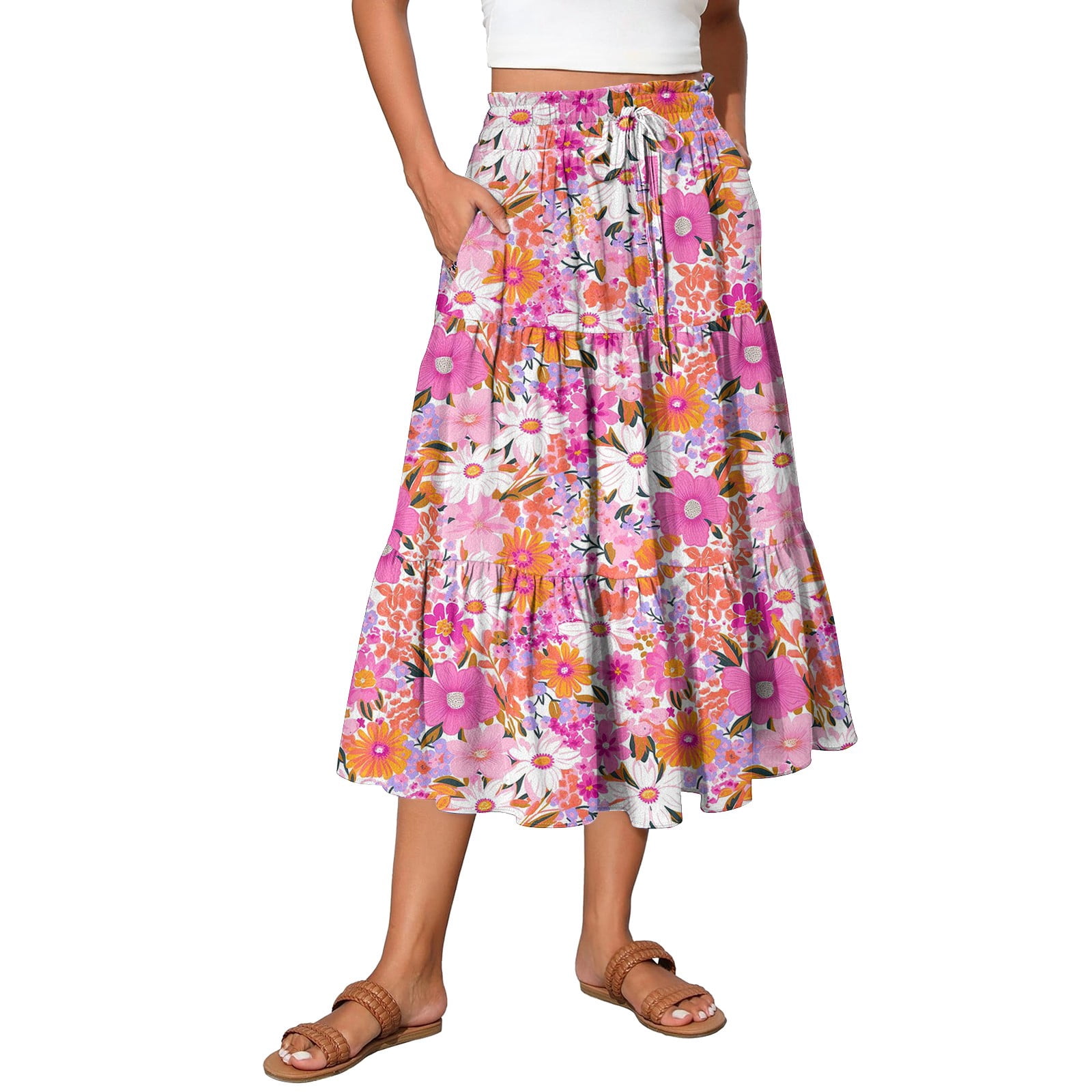 Women's Summer Boho Flowy Midi Skirt Casual Elastic High Waist Tiered ...