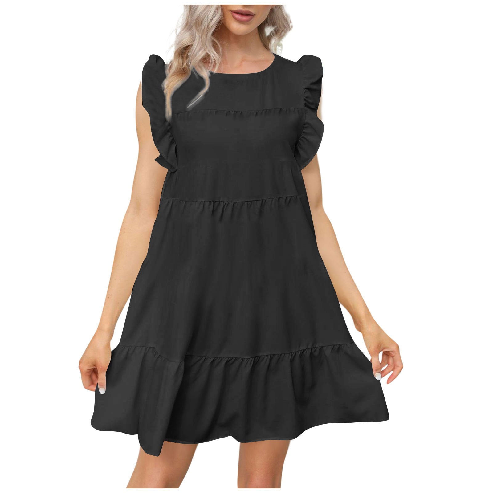 GXIPO Women's Summer Dresses Sleeveless Ruffle Sleeve Round Neck Solid ...