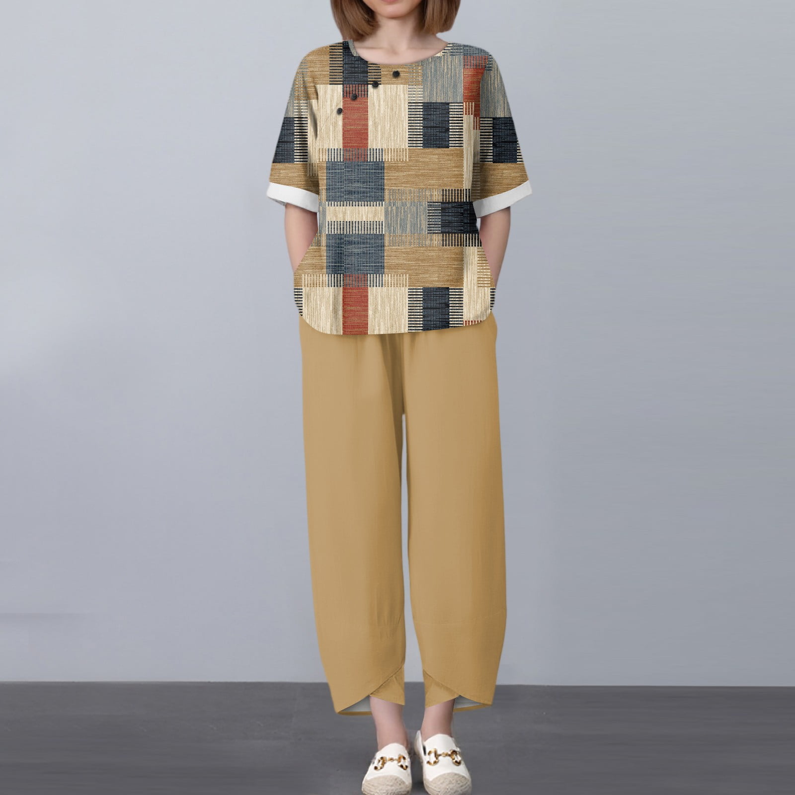 GXIPO Women’s Summer Lounge Set 3/4 Sleeve Cotton Linen Top and Elastic ...