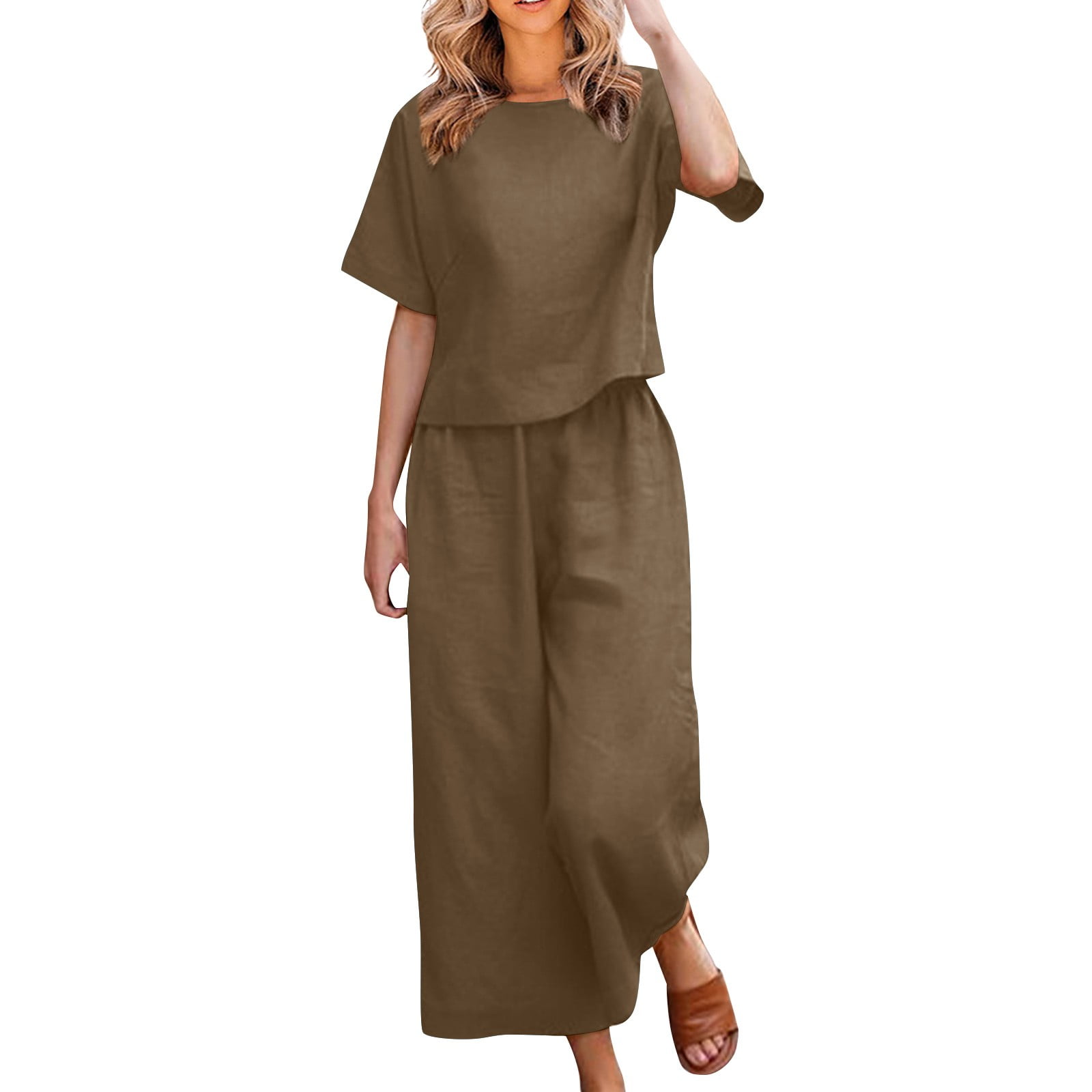 GXIPO Women’s Vacation Linen Set Breathable Short Sleeve Top and Wide ...