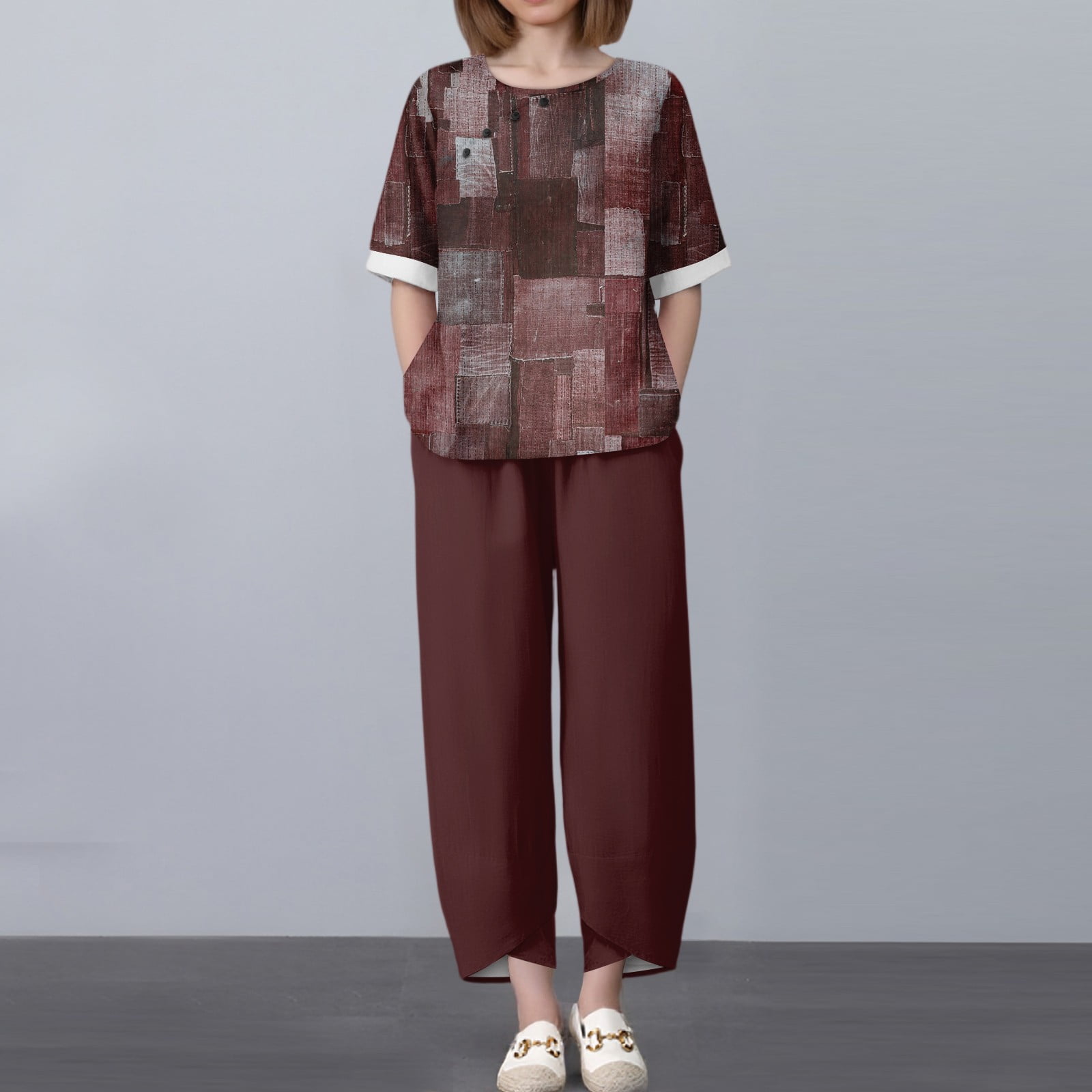 GXIPO Women’s Vacation Ready Linen Lounge Set Half Sleeve Crewneck Top ...