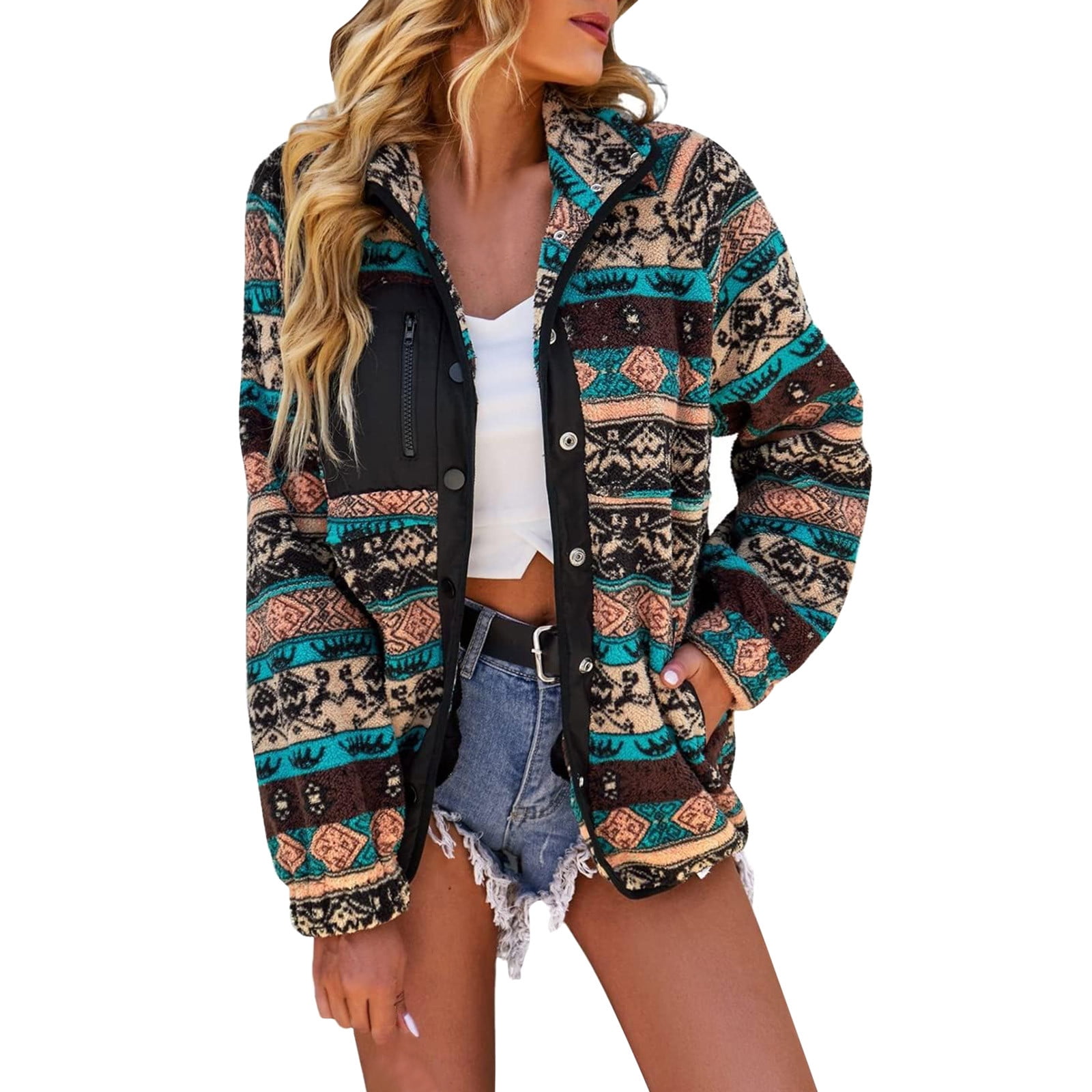 BRDFRL Womens Fleece Jacket Western Aztec Print Long Sleeve Button Down ...