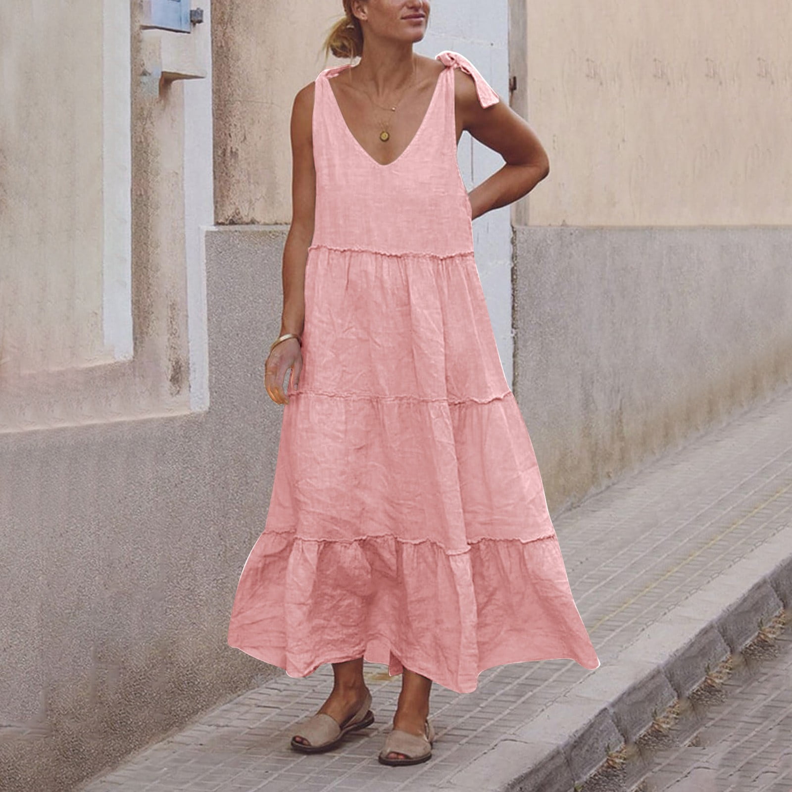 GXIPO Womens Linen Maxi Dresses Spaghetti Strap V Neck Ruffle Tiered ...