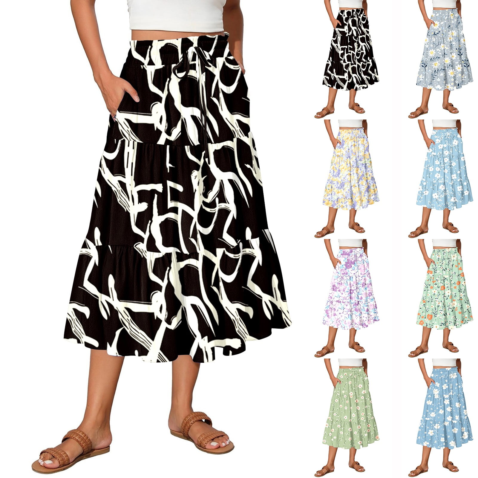 GXIPO Womens Summer Fashion 2025 Midi Skirts Elastic High Waist Floral ...