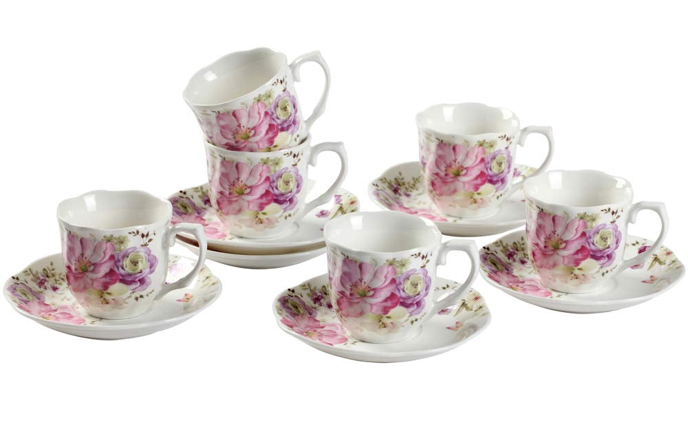 GY 12 PCS Tea Set - 7oz New Bone China tea Cups and Saucers with Pink ...