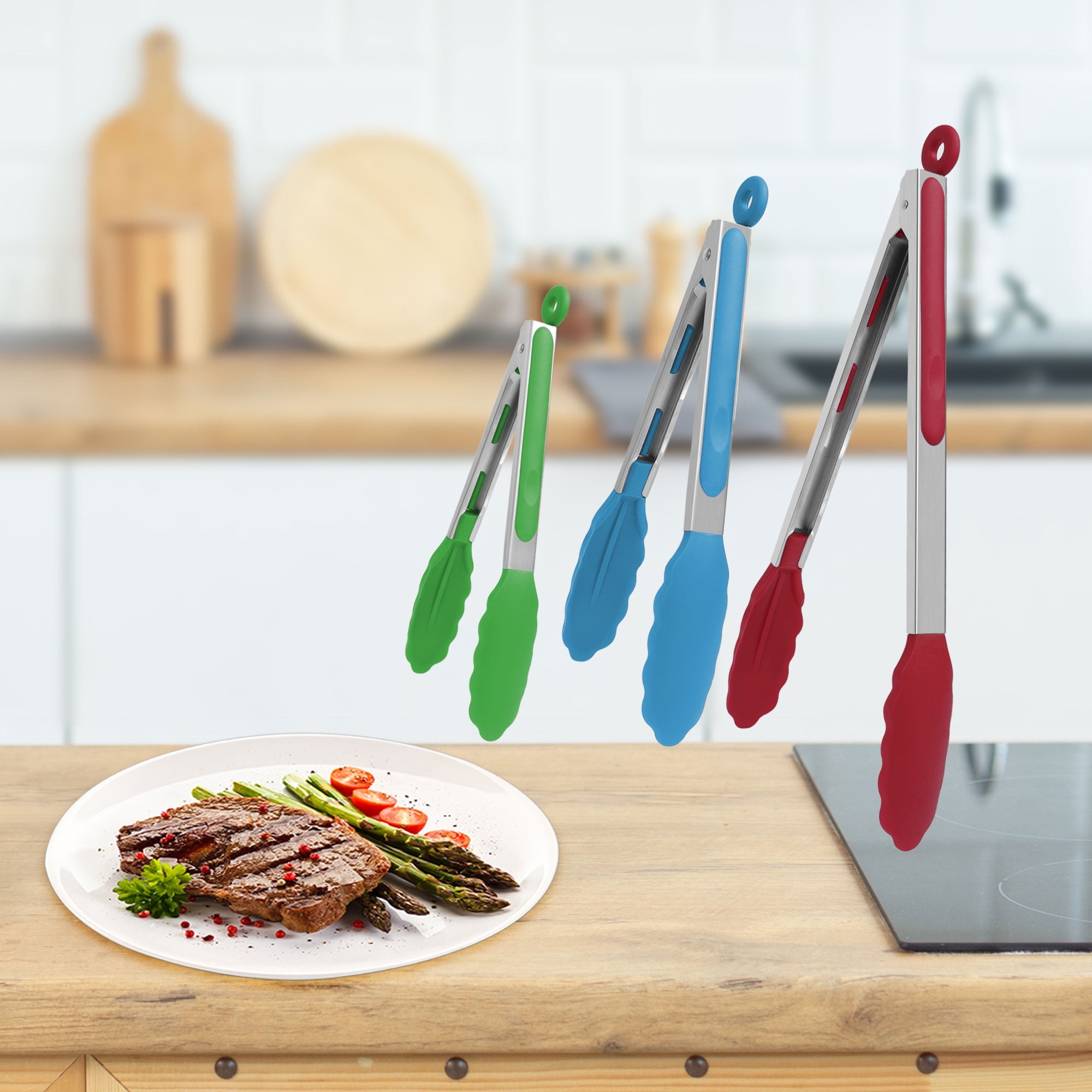 GYDEK Kitchen Tong Set Silicone Tips Stainless Steel Cooking Tongs 3Pcs ...