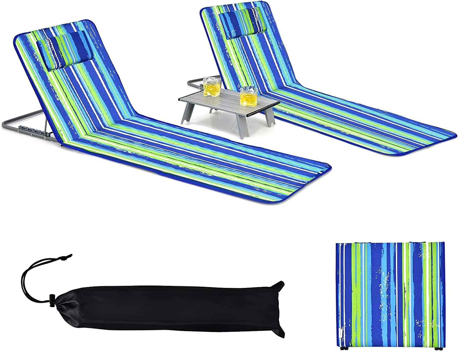 GYMAX Beach Chairs, Folding Tanning Lounge Chairs with Table Set ...