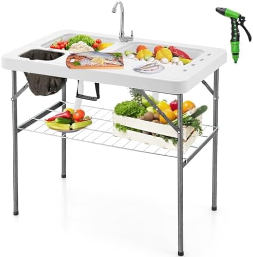 GYMAX Fish Cleaning Table with 2 Sinks, Folding Fish Fillet Cleaning ...