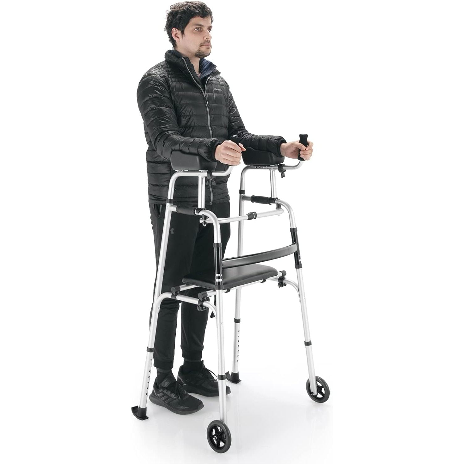 GYMAX Folding Walker, Adjustable Standard Walker with Removable Armrest ...