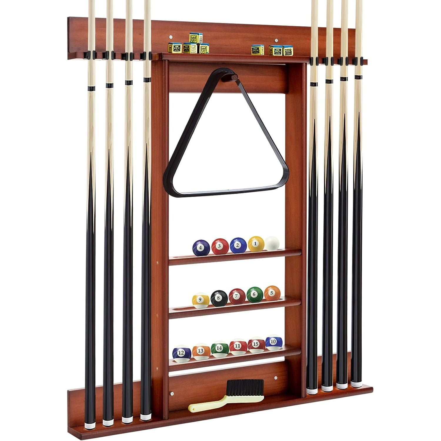 GYMAX Pool Cue Rack, 8 Cue Wall-Mounted Pool Stick Holder with 15 ...