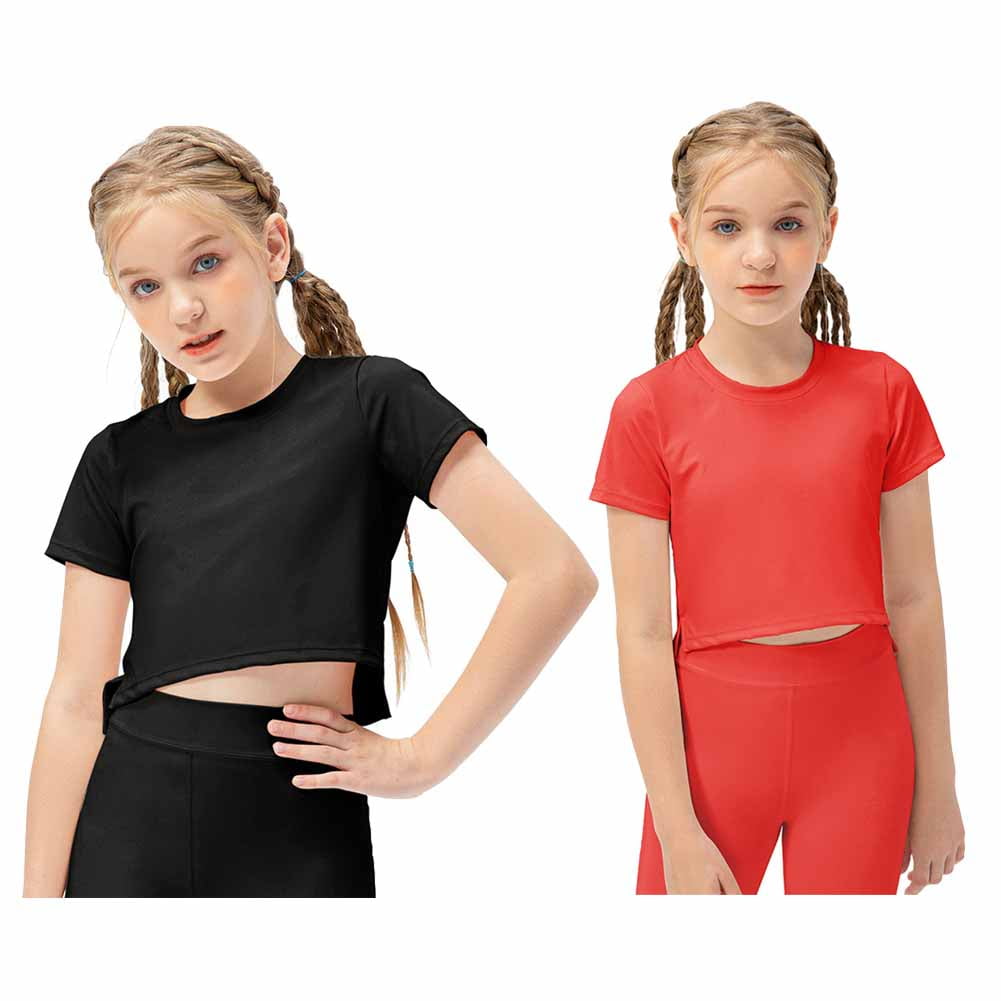 GYRATEDREAM 2 Pack Girls Crew Neck Crop Tops Kids T-Shirts Summer Basic ...