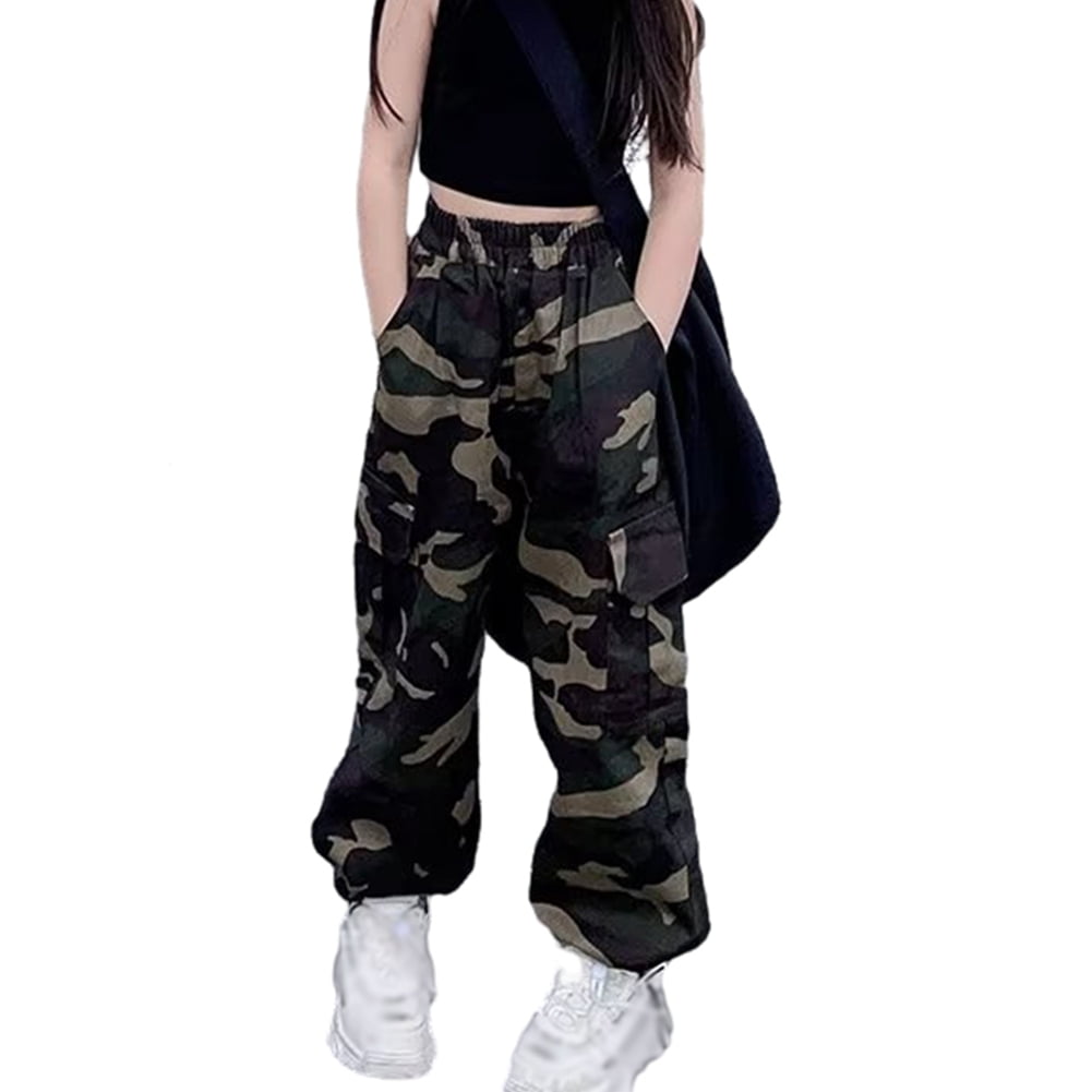 GYRATEDREAM 4-18 Years Girls Camo Cargo Pants High Elastic Waist Casual ...