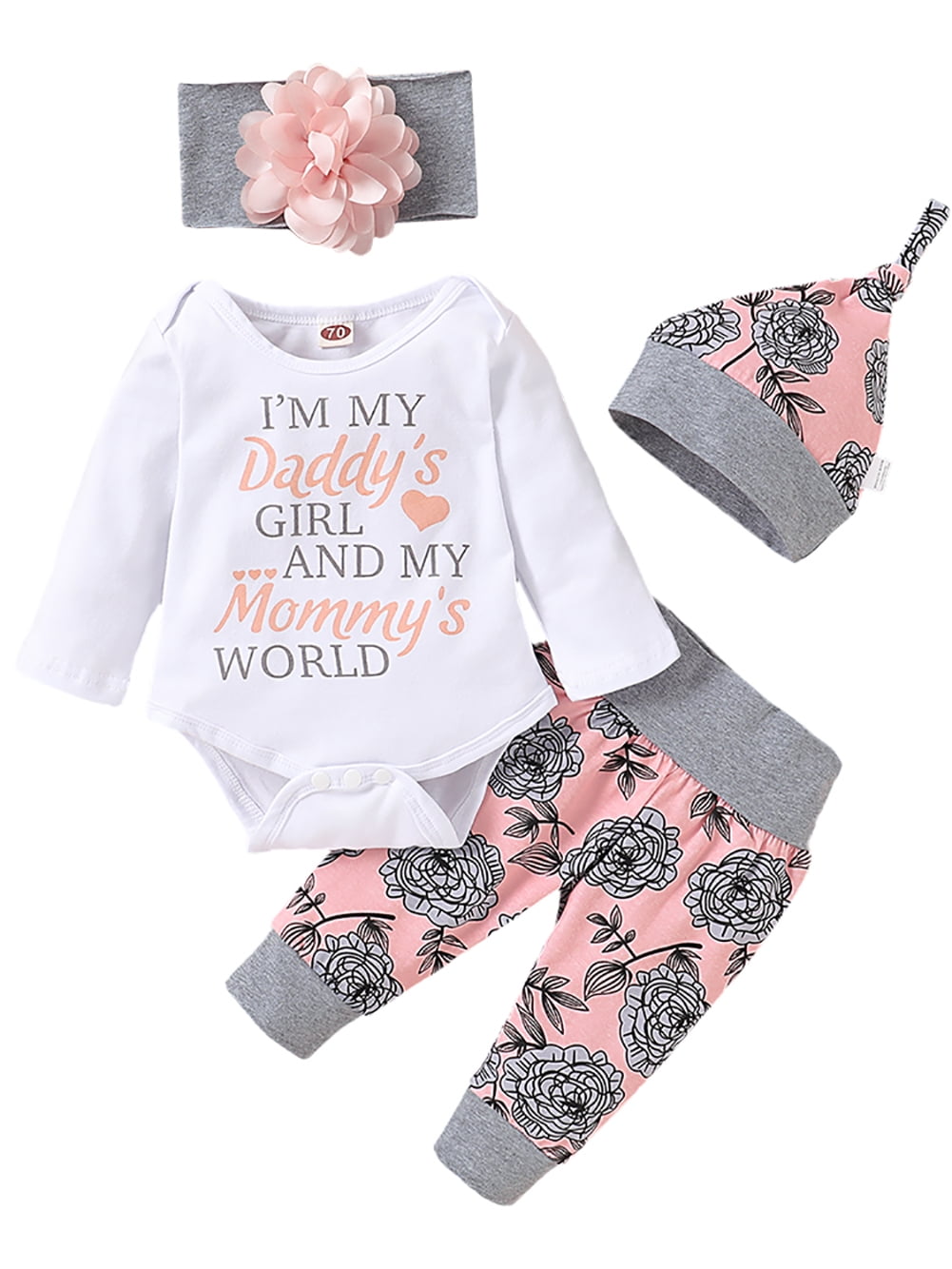GYRATEDREAM 4PC Infant Baby Girls Romper Pants Set Headband Hat Clothes ...