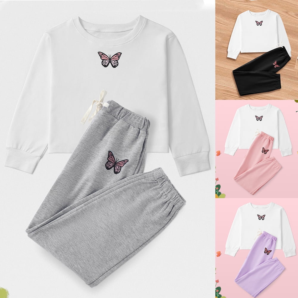 GYRATEDREAM 6-14Y Child Girls Butterfly Graphic Long Sleeve Crop Tops ...