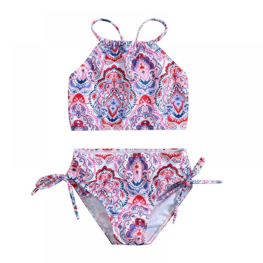 GYRATEDREAM Girls' 2-Piece Swimsuit Beach Sport Halter Bikini Swimwear Floral Printing Bathing ...