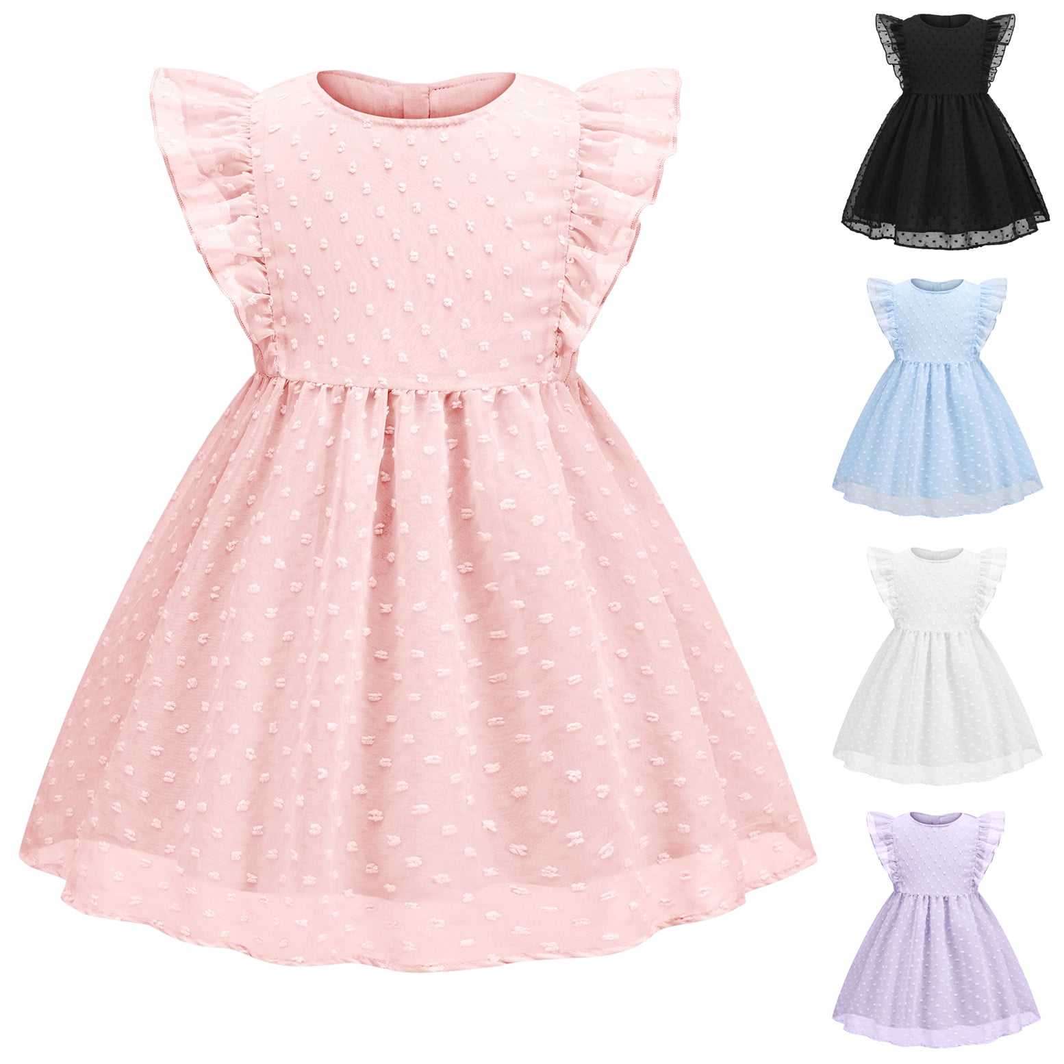 GYRATEDREAM Girls Fly Sleeve Ruffle Dress Swiss Dot A-line Flowy ...