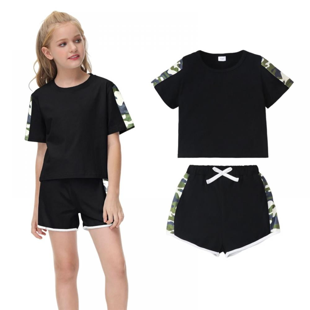 GYRATEDREAM Girls Short Sleeve T-Shirt and Camouflage Shorts Set 5-14 ...