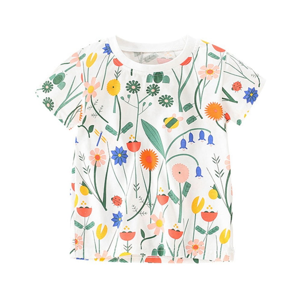 GYRATEDREAM Girls Summer Shirts Kids Crew Neck Cute Floral Print Short ...