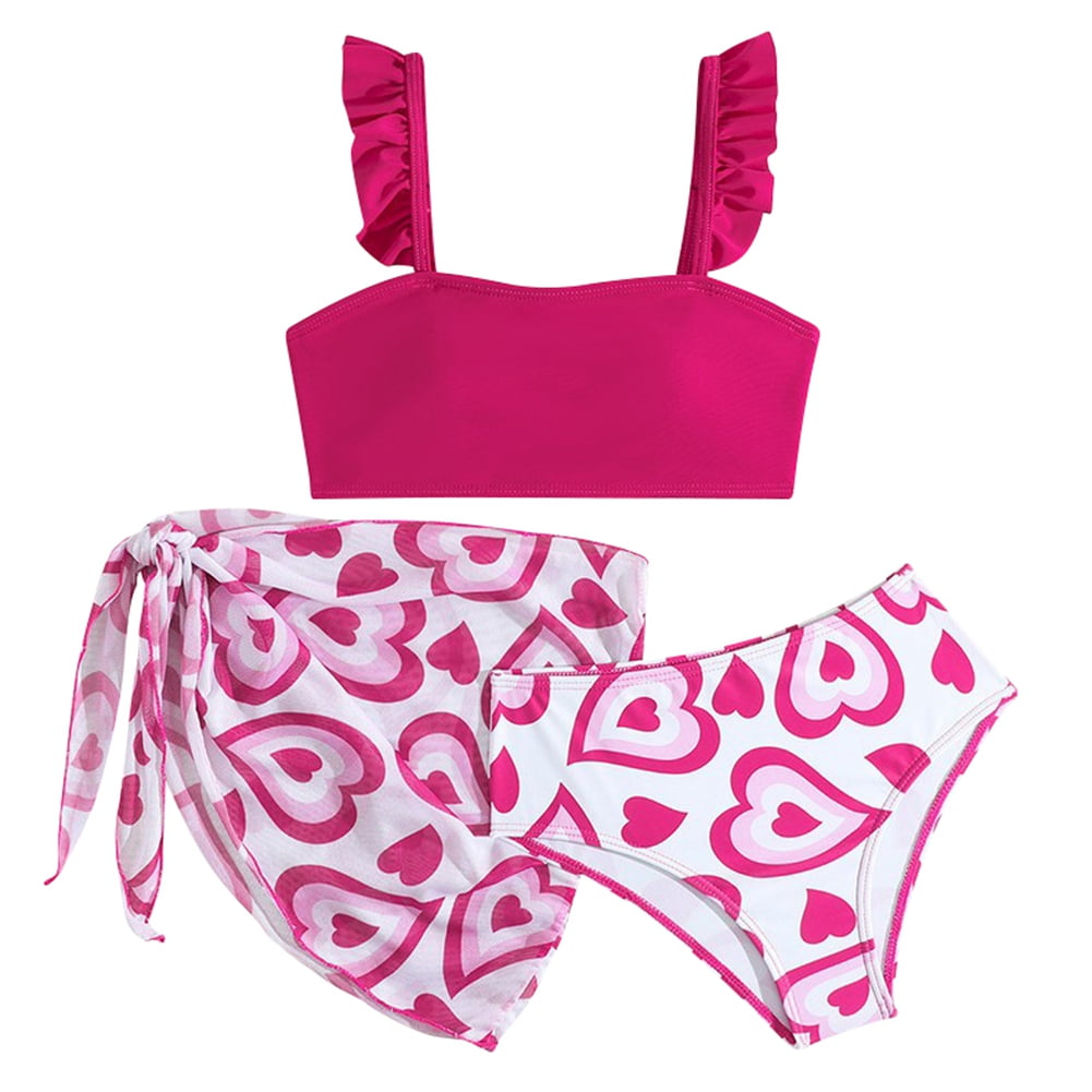 GYRATEDREAM Girls Swimsuit 3-Piece Bikini Set Kids Love Print High ...