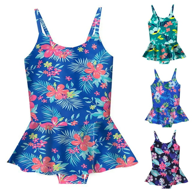 GYRATEDREAM Girls Swimsuit One Piece UPF 50+ Hawaiian Floral Skirted ...