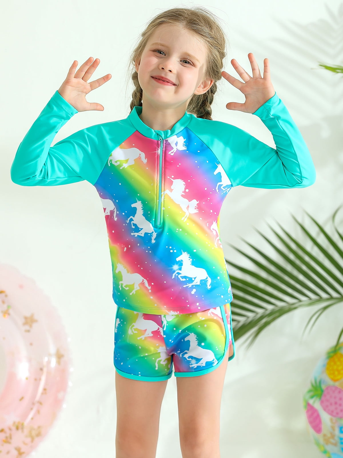 GYRATEDREAM Girls Swimsuit UPF 50+ UV Two Piece Long Sleeve Swimwear Zipper Rash Guard + Shorts ...