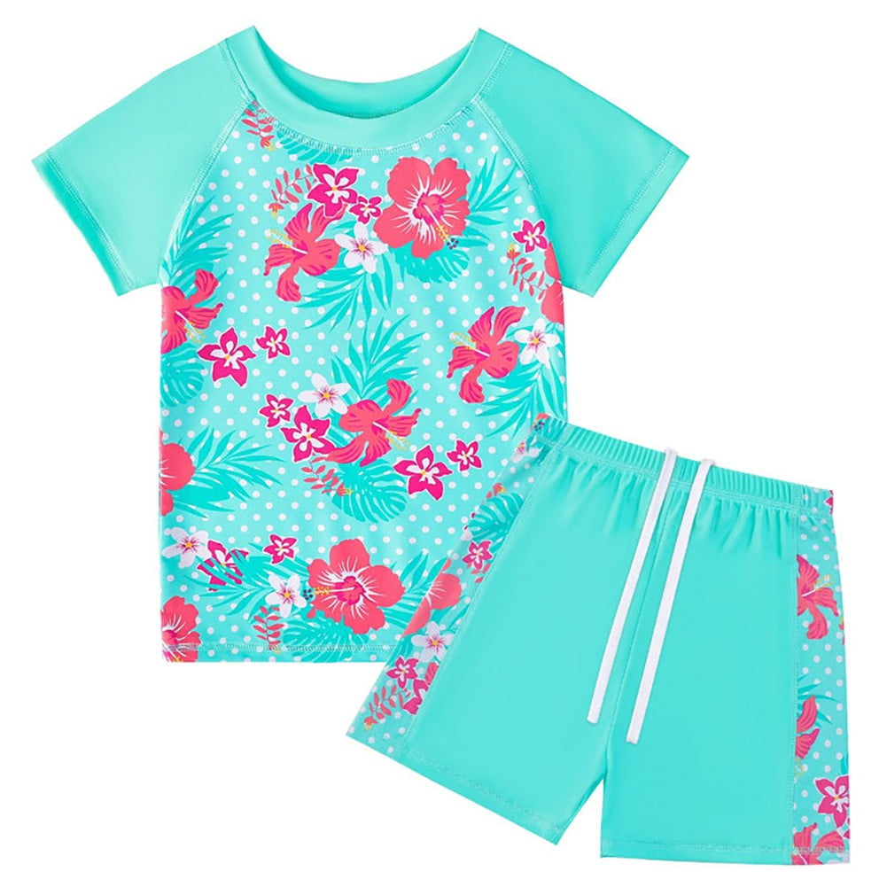 Gyratedream Girls Swimsuits Short Sleeve Rash Guard Set Two Piece Bathing Suit Swimwear With Sun