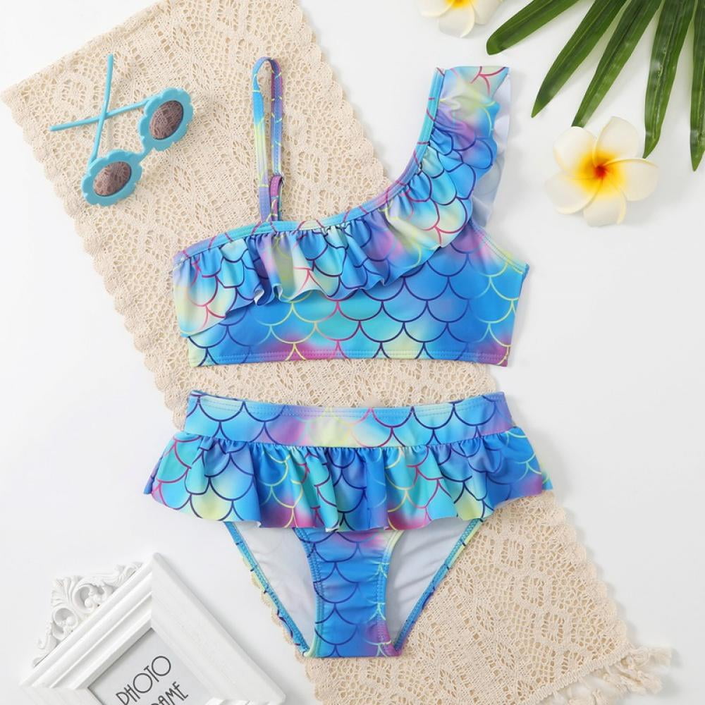 GYRATEDREAM Girls Tankini 2-Piece Swimwear Mermaid Print Bikini Ruffle ...