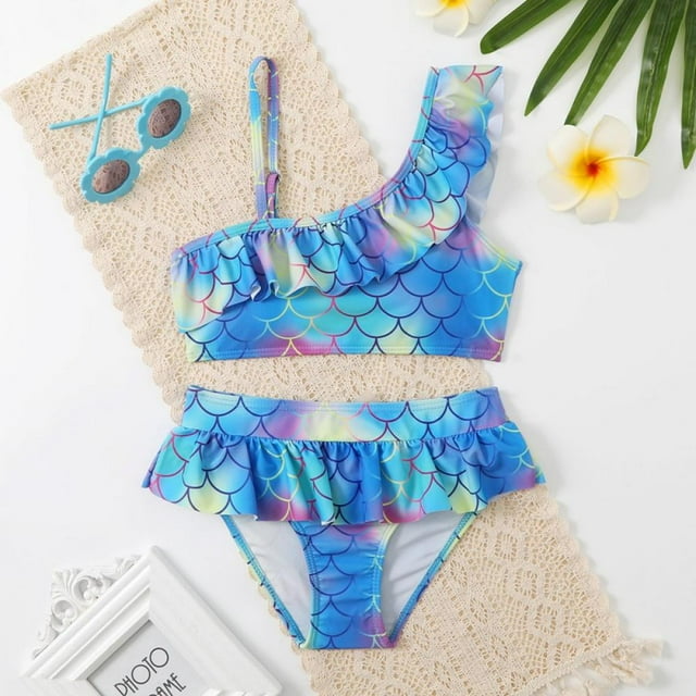 GYRATEDREAM Girls Tankini 2-Piece Swimwear Mermaid Print Bikini Ruffle ...