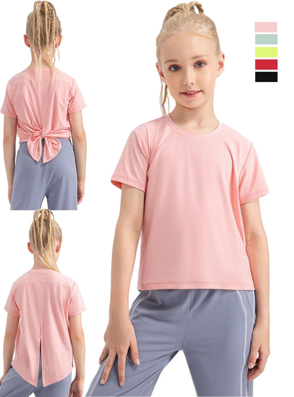 GYRATEDREAM Kid Girls Athletic Tops Open Tie Back Short Sleeves Workout ...
