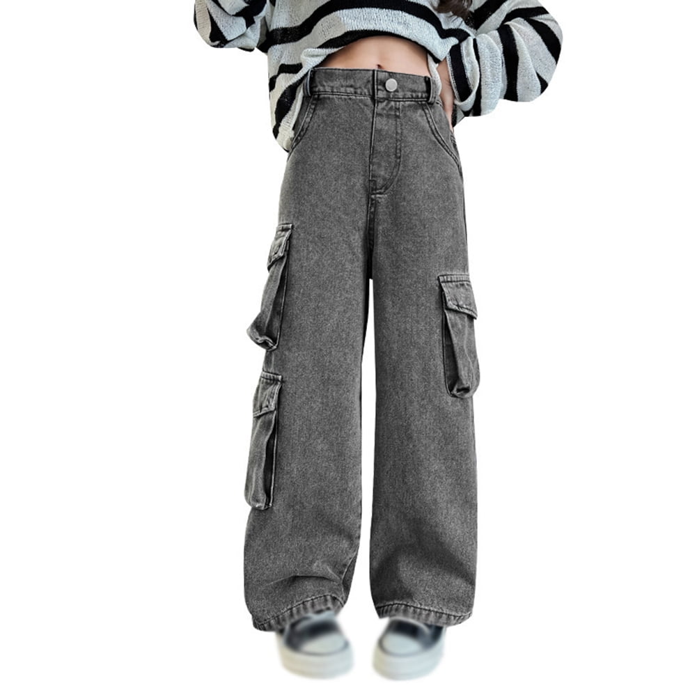 GYRATEDREAM Kids Girls' Elastic Waist Denim Cargo Pants Children High ...