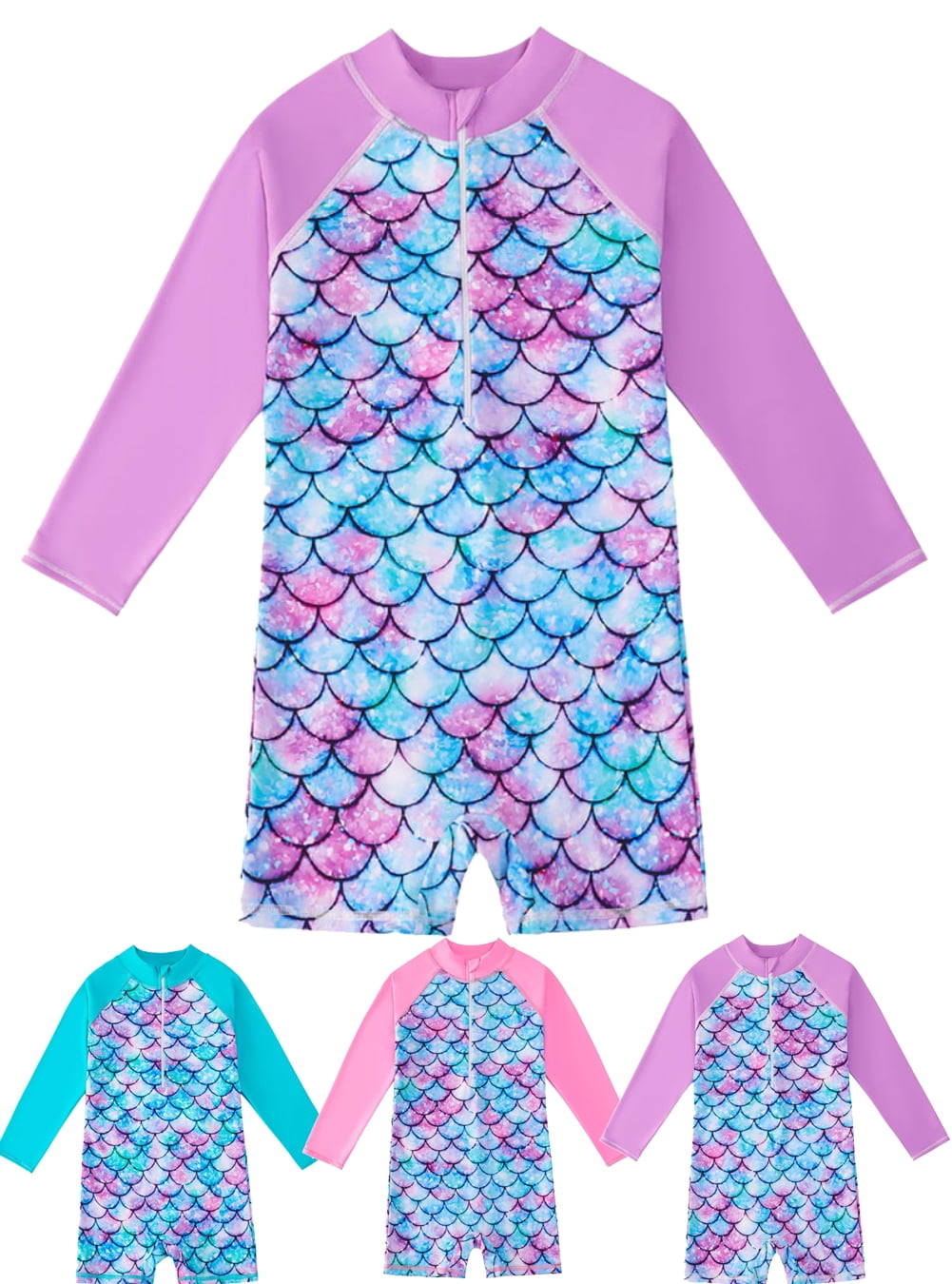 GYRATEDREAM Kids Girls Mermaid One Piece Swimsuits Swimwear Long Sleeve Rash Guard Zipper Front ...