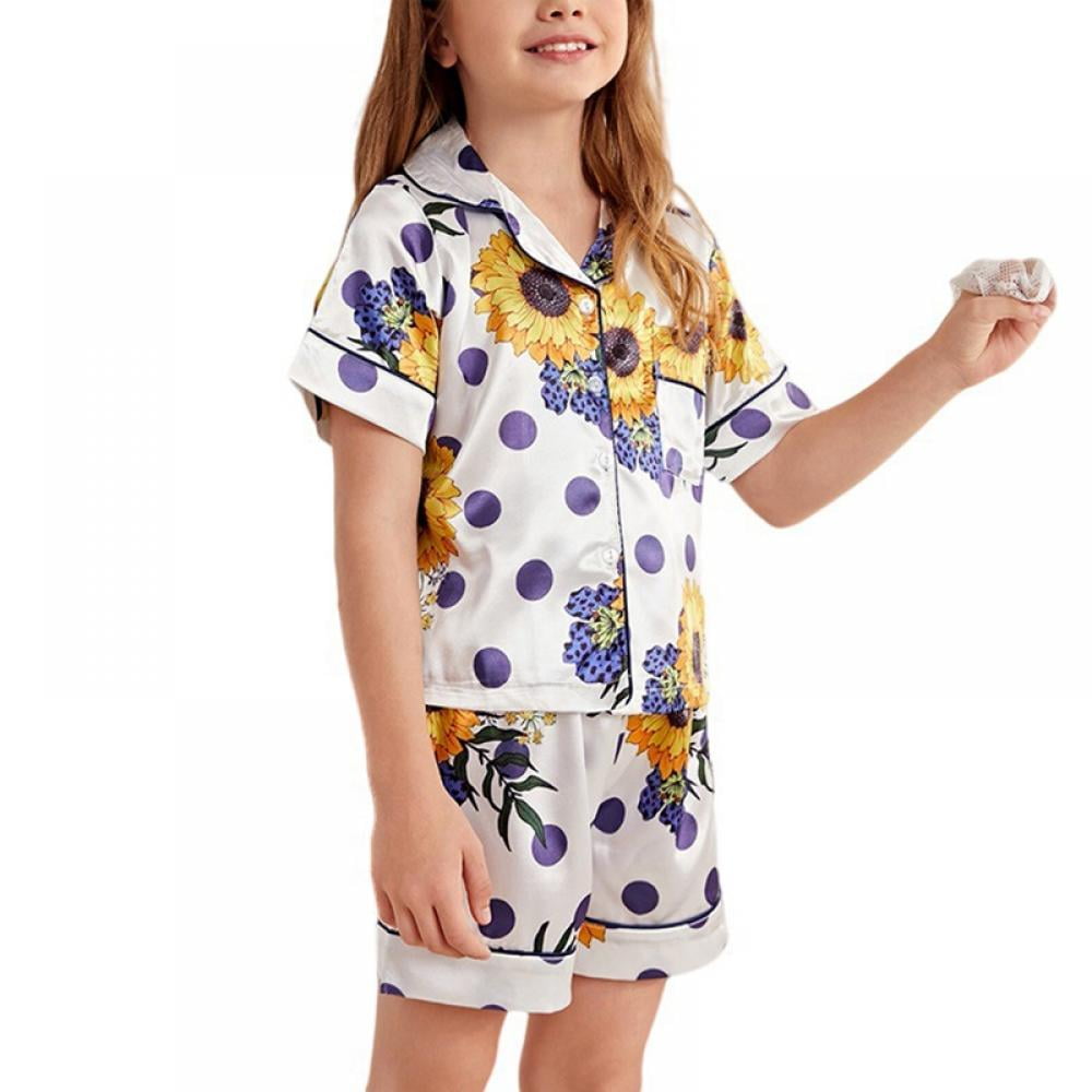 GYRATEDREAM Kids Satin Pajamas Set, Short Sleeve Button-Down Sleepwear ...