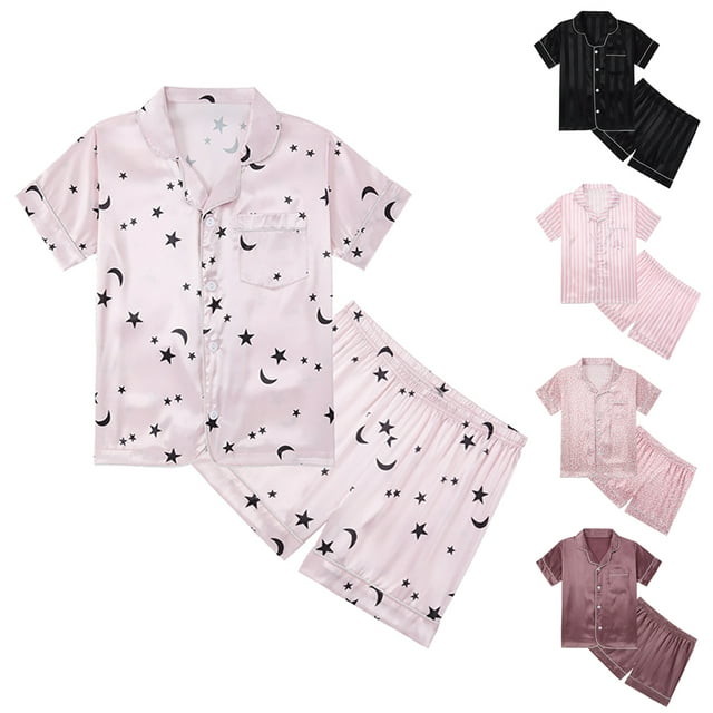 GYRATEDREAM Satin Pajamas for Girls Boys Star Print Silk Button Down PJ ...