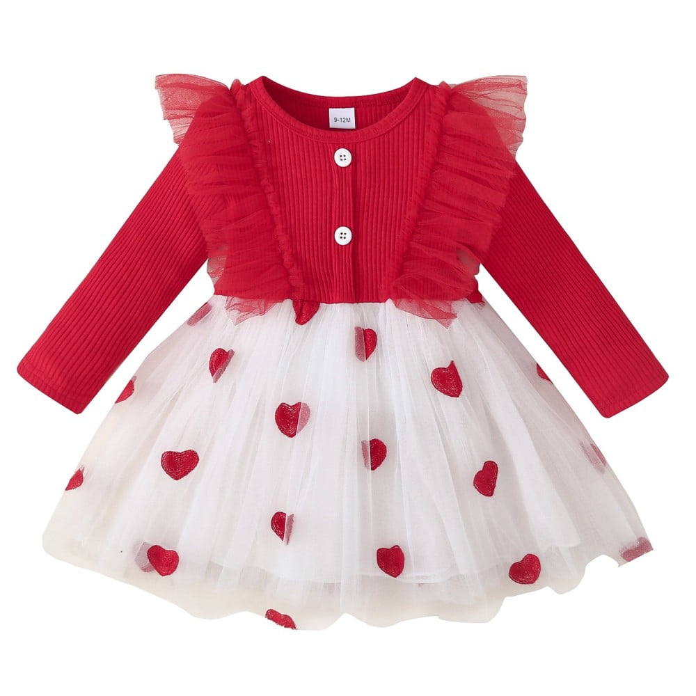 GYRATEDREAM Toddler Baby Girl Valentines Day Outfit Long Sleeve Heart Dress Kids Mesh Tulle Tutu ...