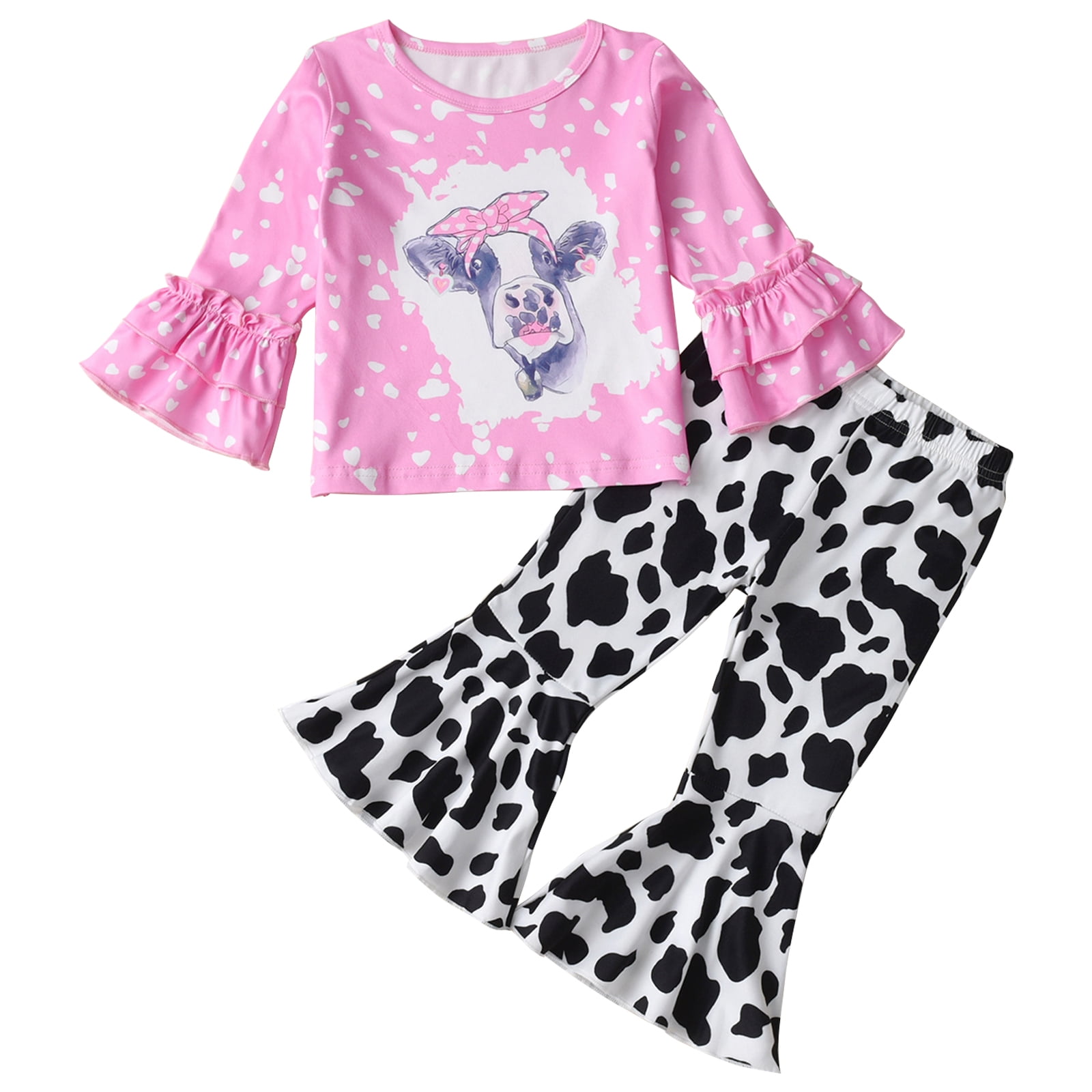 GYRATEDREAM Toddler Girls 2Pcs Cow Print Long Flared Sleeve Tops and ...