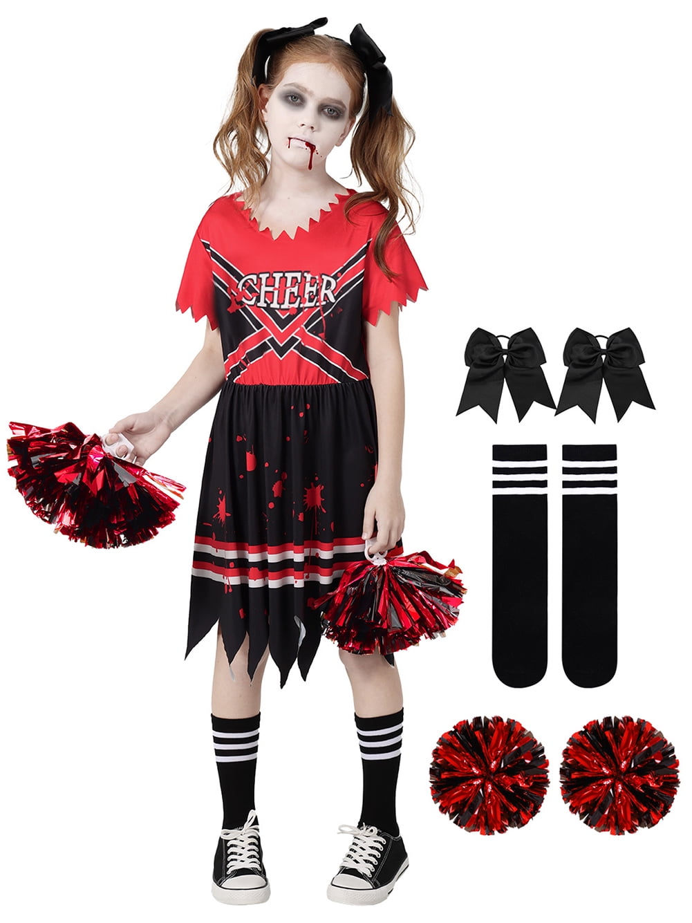 GYRATEDREAM Zombie Halloween Cheerleader Costume, Girls Scary Cheerless ...