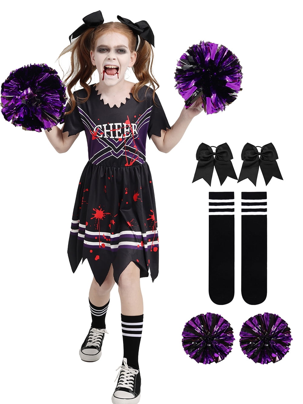 GYRATEDREAM Zombie Halloween Cheerleader Costume, Girls Scary Cheerless ...