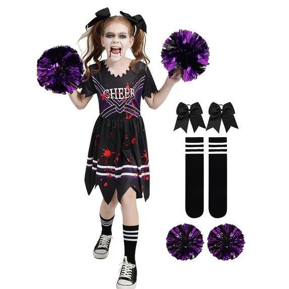 GYRATEDREAM Zombie Halloween Cheerleader Costume, Girls Scary Cheerless ...