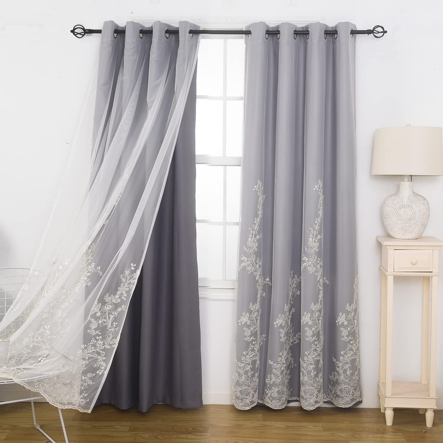 GYROHOME Double Layered Curtains with Embroidered White Sheer Tulle ...