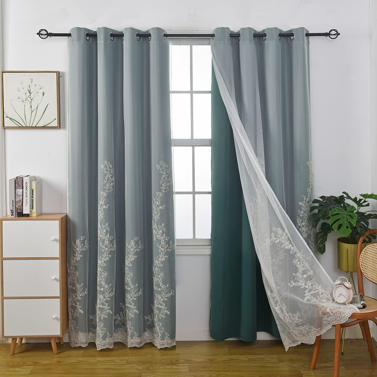 GYROHOME Double Layered Curtains with Embroidered White Sheer Tulle ...